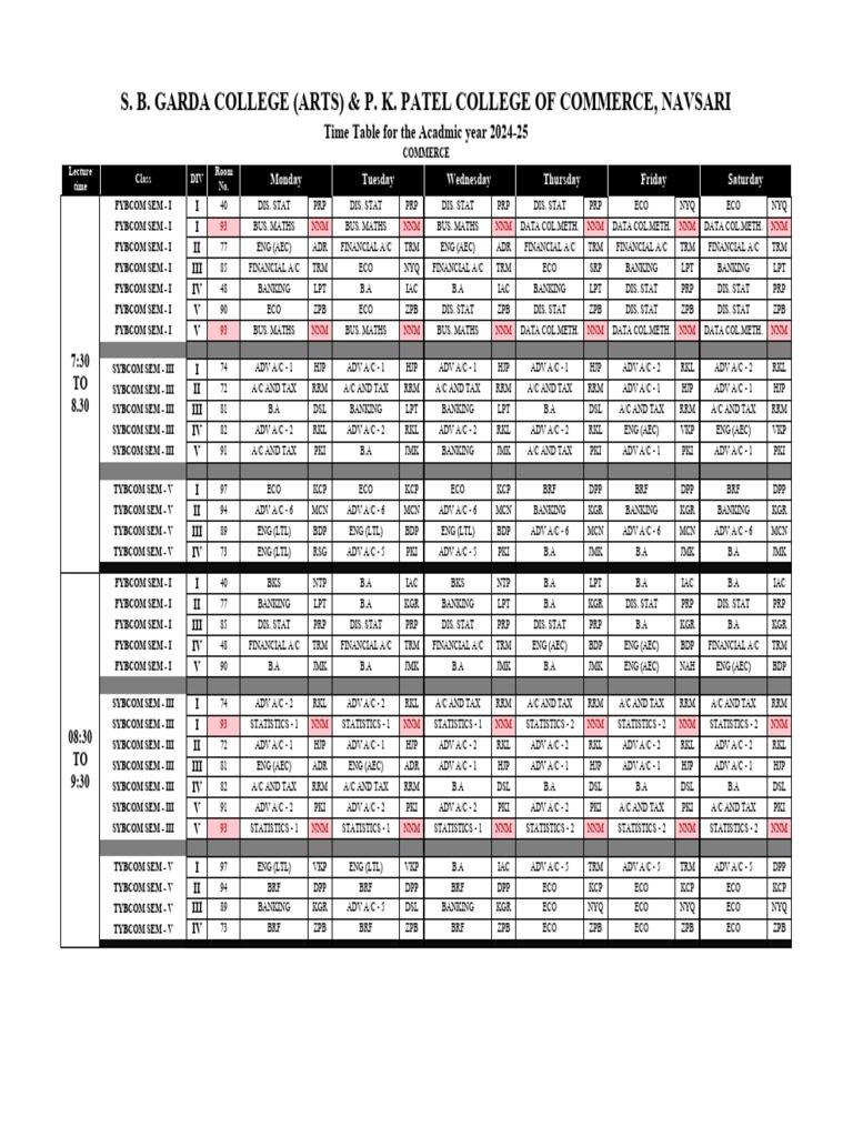 Revised Time Table 2024-25 - Fisrt Term Commerce - 08-07-2024 | PDF ...