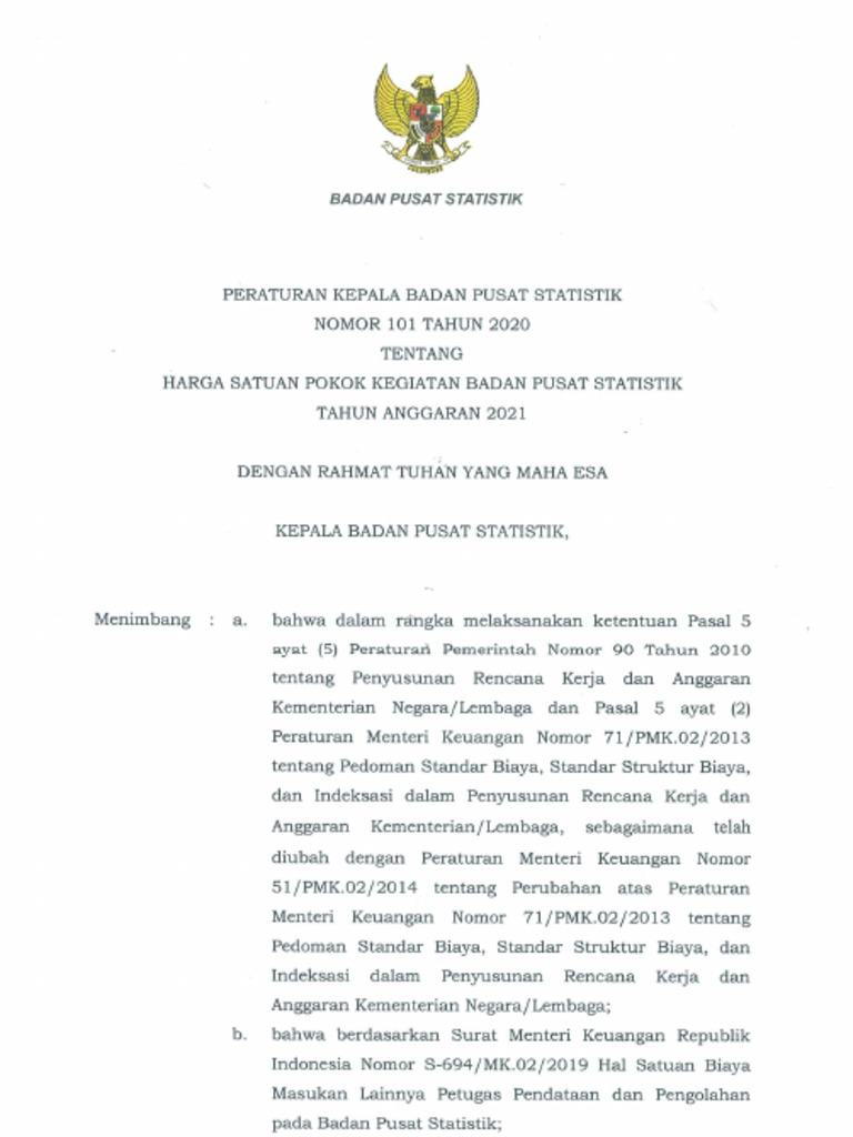 Perka BPS No 101 Tahun 2020 Tentang HSPK TA 2021 | PDF