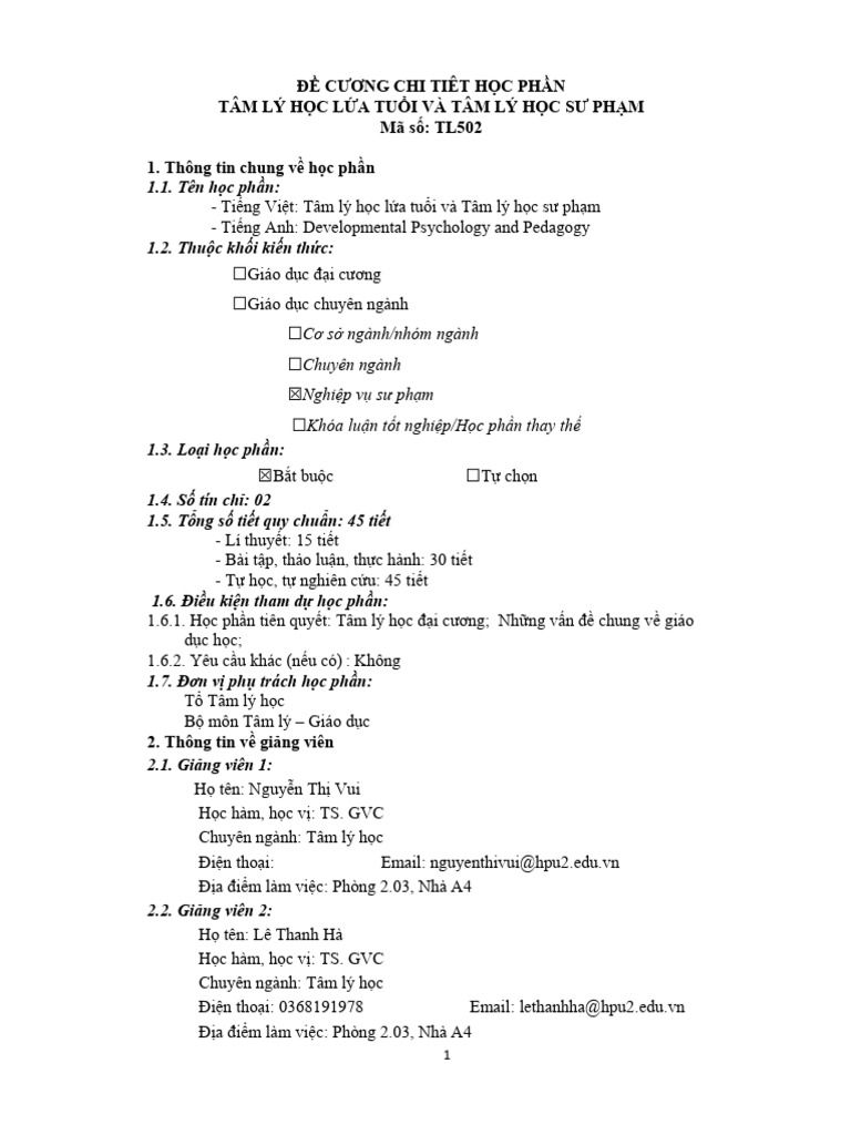 Đề cương - Tâm lý học lứa tuổi và tâm lý học sư phạm (TL502) | PDF