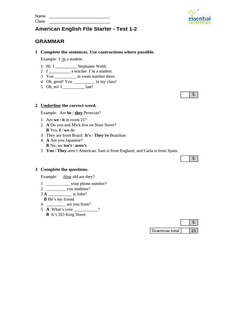 Aef Starter Test 1 2 Pdf English Language Human Communication