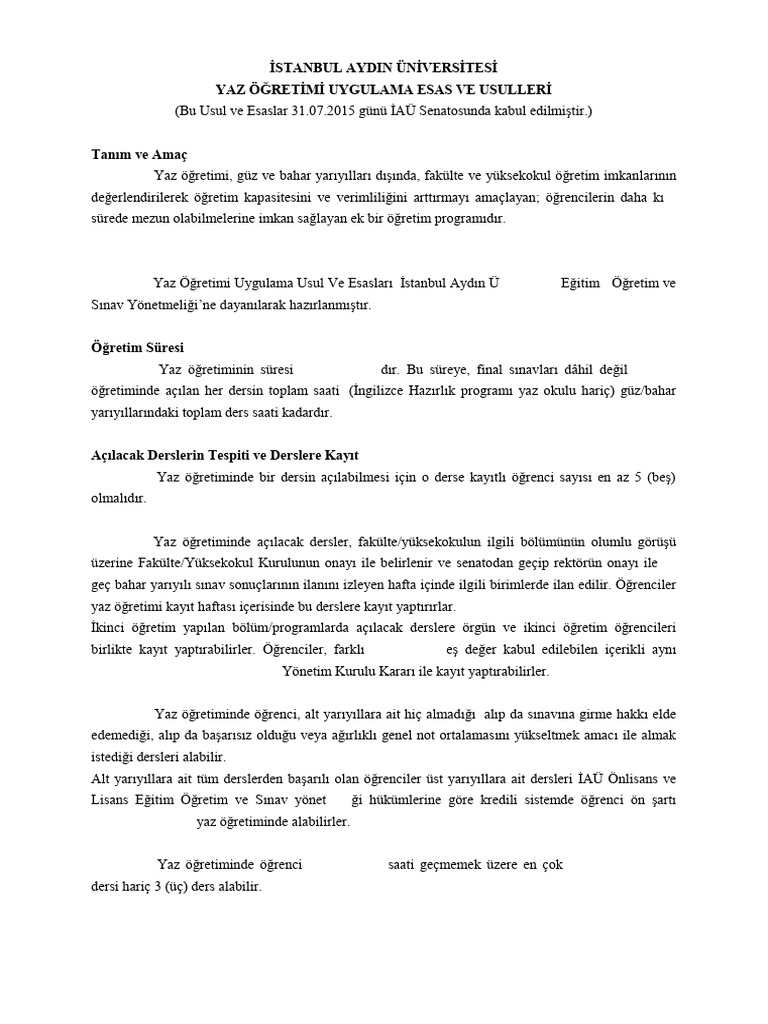 Yaz Okulu Uygulama Esas Ve Usülleri̇ | PDF