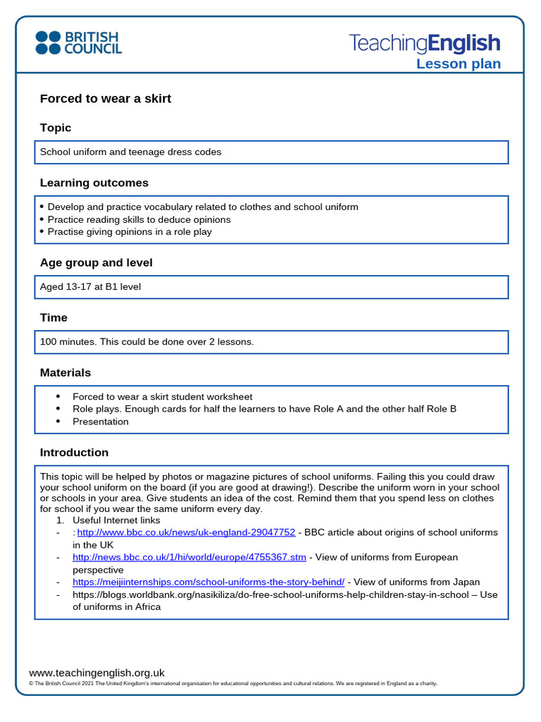 Forced to wear a skirt lesson plan | PDF | Lesson Plan | Skirt