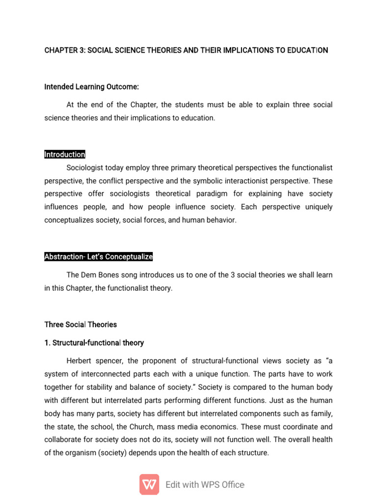 Chapter 3 Social Science Theories and Their Implications To Education ...