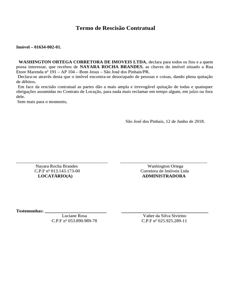 Modelo de Termo de Rescisão Contratual | PDF