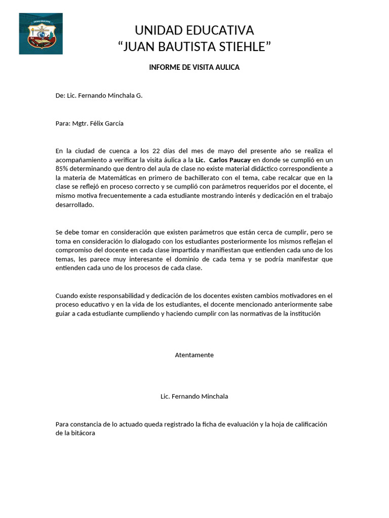 Informe de Visita Áulica Stiehle | PDF | Science | Maestros