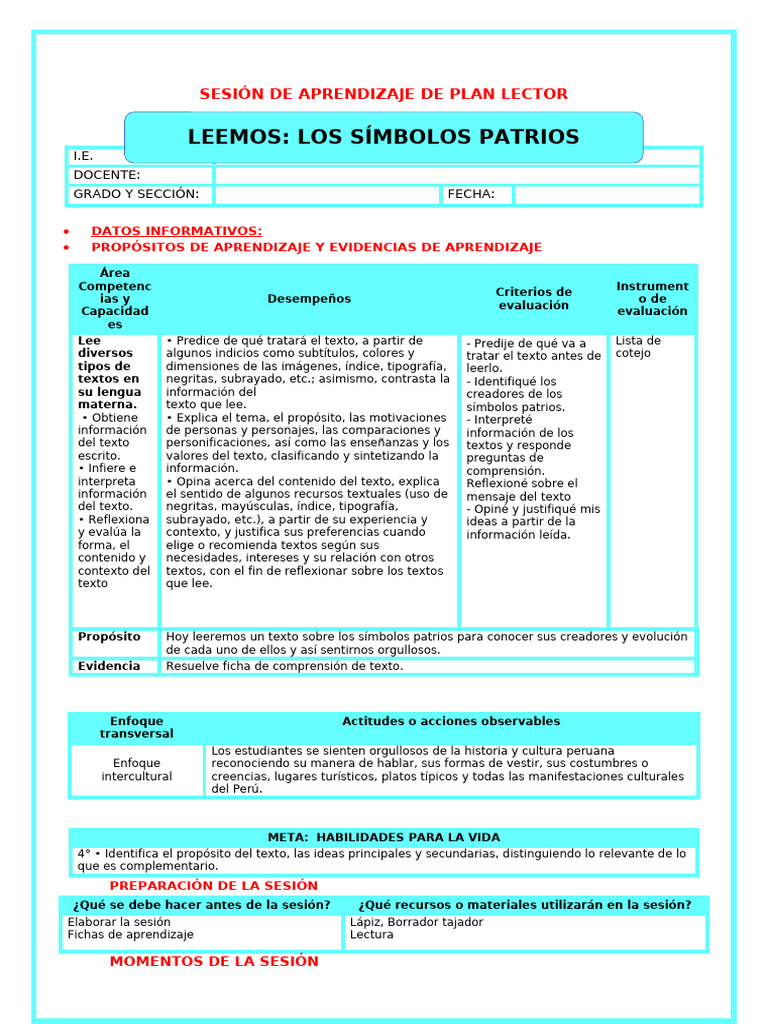 4° Ses Plan Lector Vier 21 Simbolos Patrios 965727764 | PDF | Perú