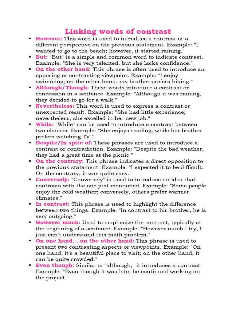 Linking Words of Contrast | PDF | Theory | Phrase