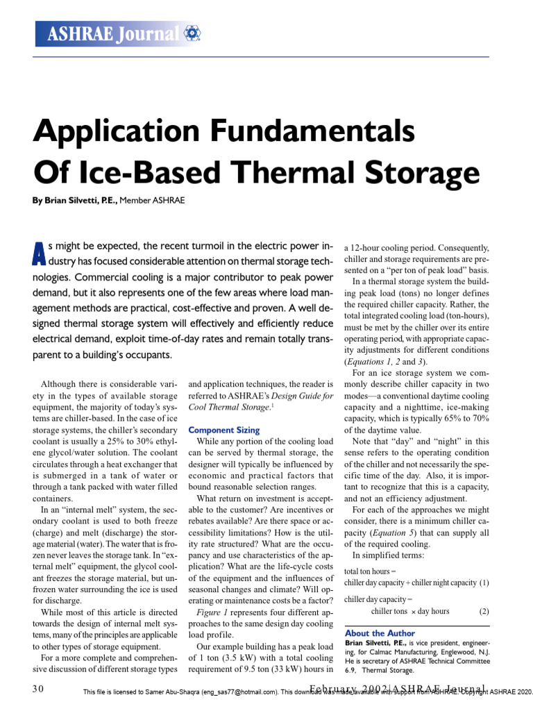ASHRAE Journal - Application Fundamentals of Ice-Based Thermal Storage | PDF | Heat Exchanger | Ice
