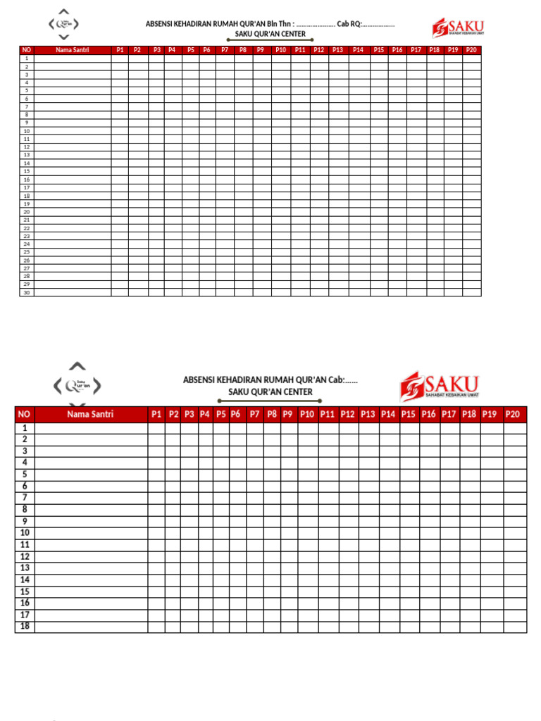 Format Absensi Rumah Qur'an | PDF