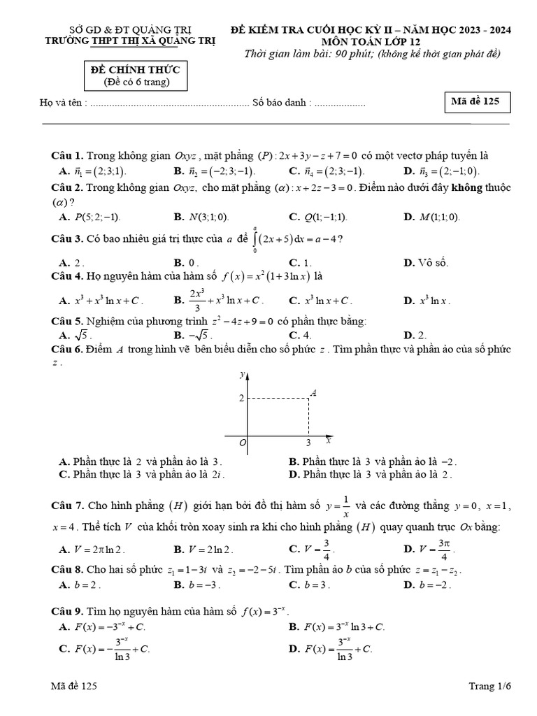 De Cuoi Hoc Ky 2 Toan 12 Nam 2023 2024 Truong THPT Thi Xa Quang Tri | PDF