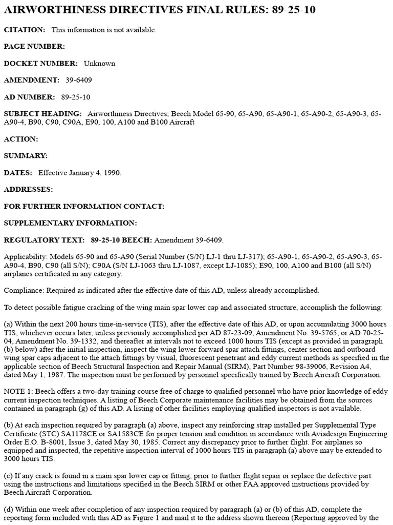 AD 89-25-10 - Wing Inspection | PDF | Federal Aviation Administration | Airplane