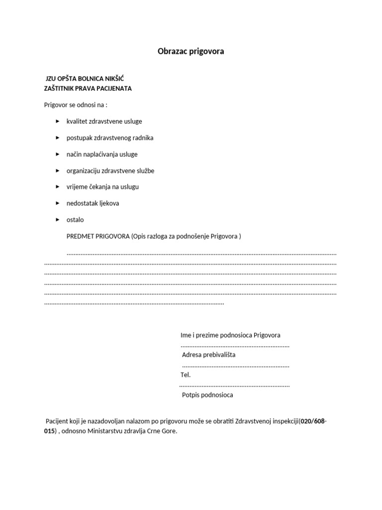 Obrazac Prigovora Za JZU | PDF