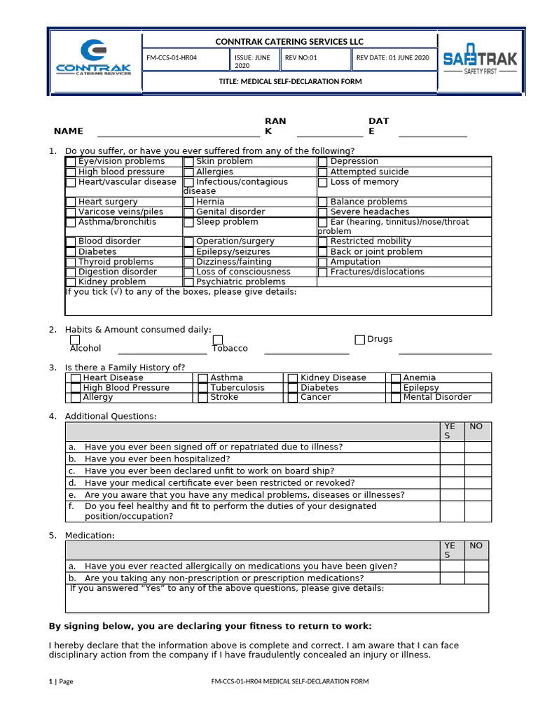 FM CCS 01 HR04 Medical Self Declaration Form | PDF | Mental Disorder ...