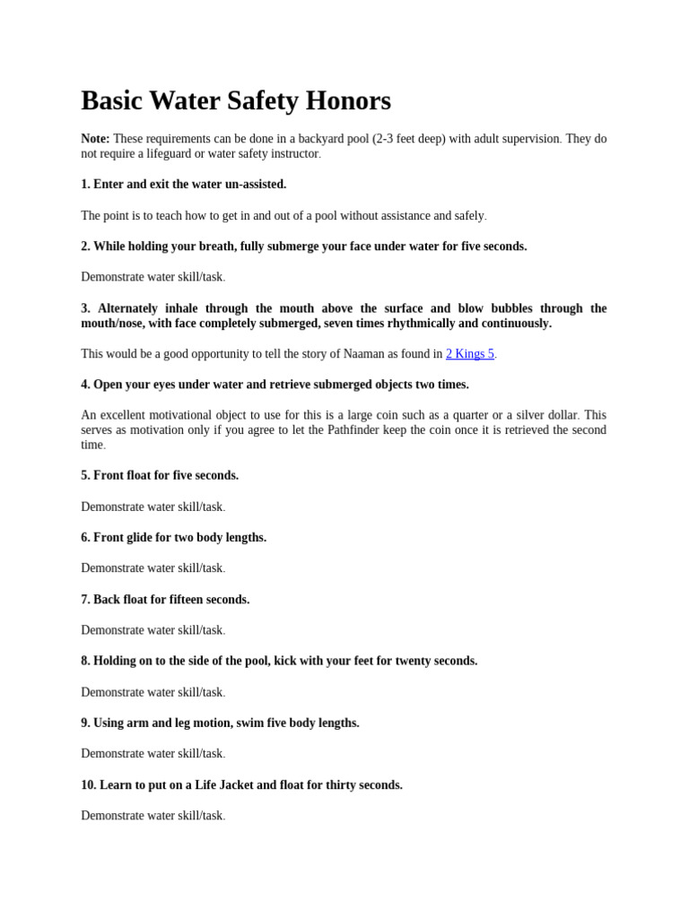 Basic Water Safety Honor | PDF | Swimming