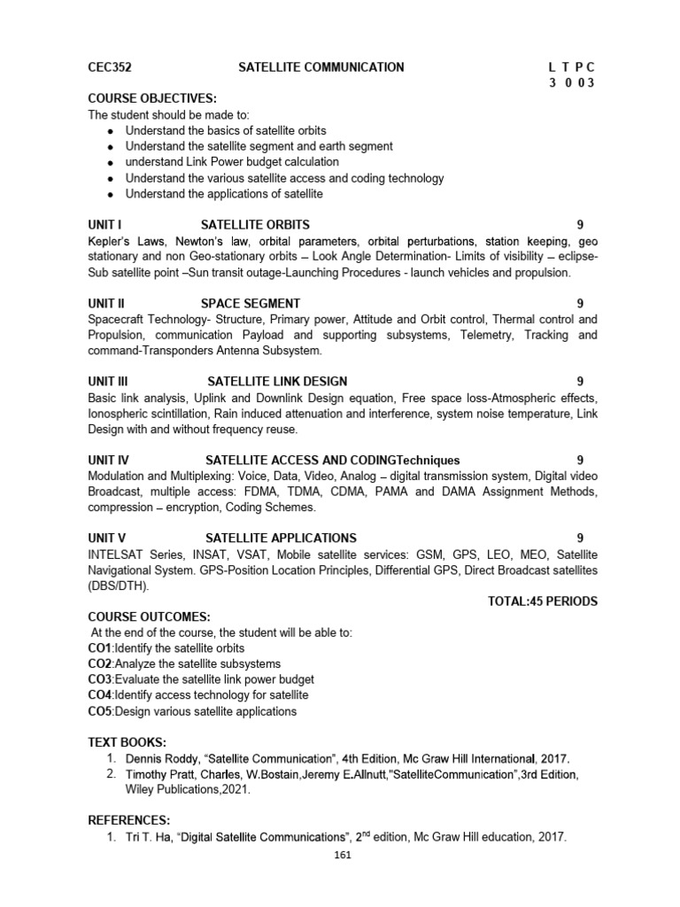 CEC352 Sat Com Syllabus | PDF | Satellite | Communications Satellite