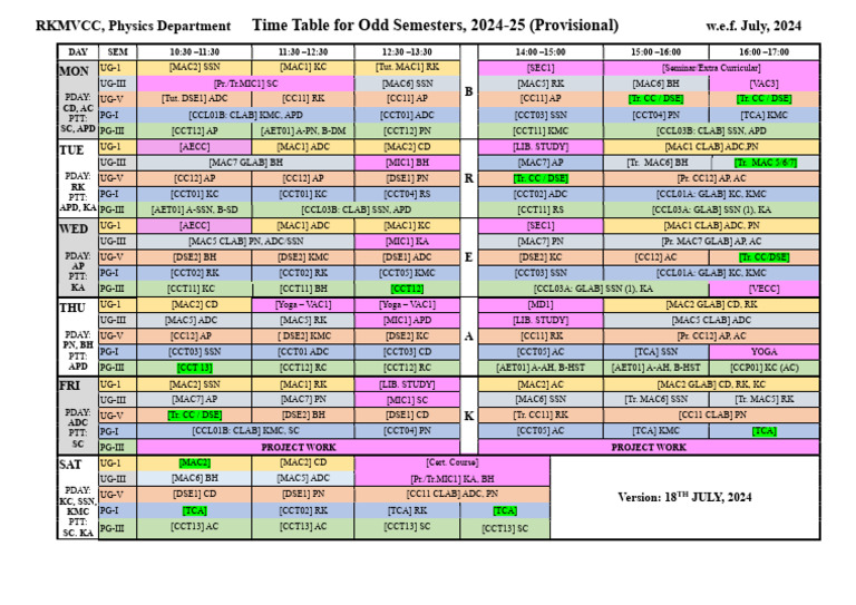 RKMVCC Physics Odd Semester Timetable | PDF