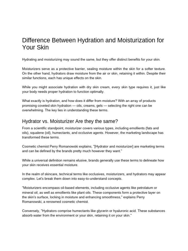 Difference Between Hydration and Moisturization For Your Skin | PDF ...