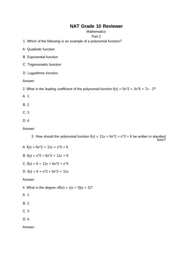 NAT Grade 10 Reviewer (Mathematics) Part 2 | PDF | Circle | Function ...
