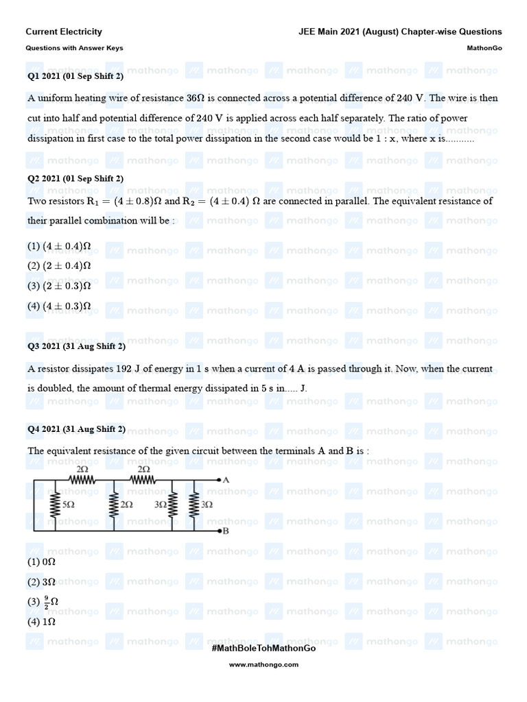 Current Electricity Jee Main 2021 August Chapter Wise Mathongo 6598