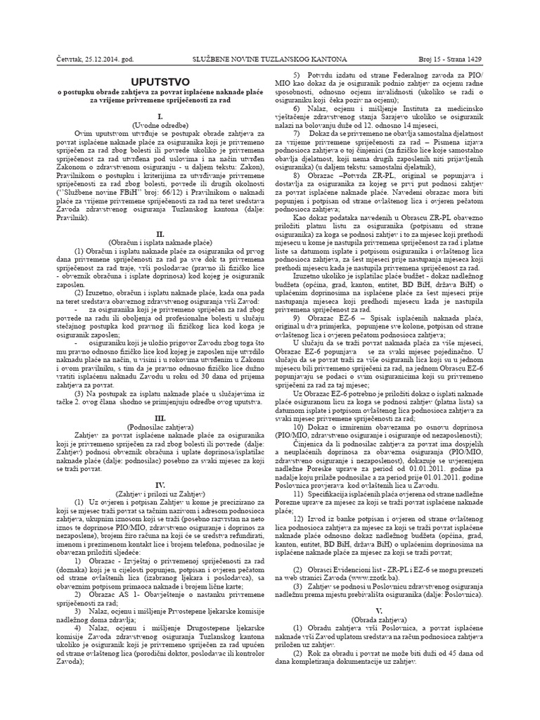 Uputstvo o Postupku Obrade Zahtjeva Za Isplacene Naknade Place Za Vrijeme Privremene ...