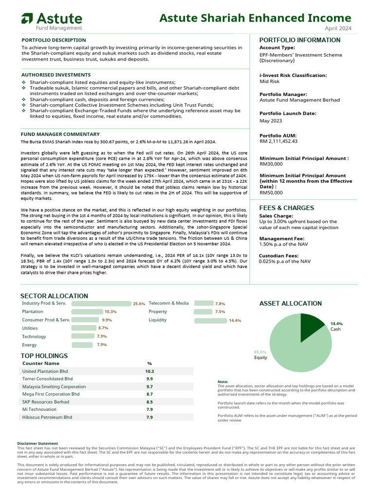 Portfolio Fact Sheet - Shariah Enhanced Income | PDF | Investing ...