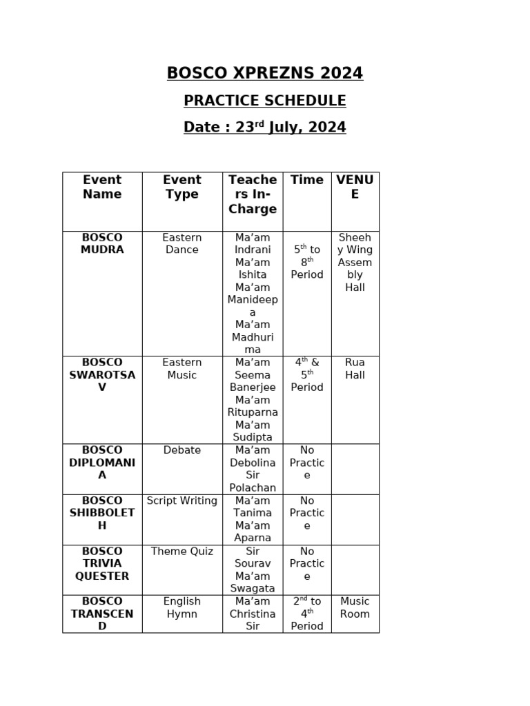 Bosco Xprezns 2024 Practice Schedule | PDF | Ball Games