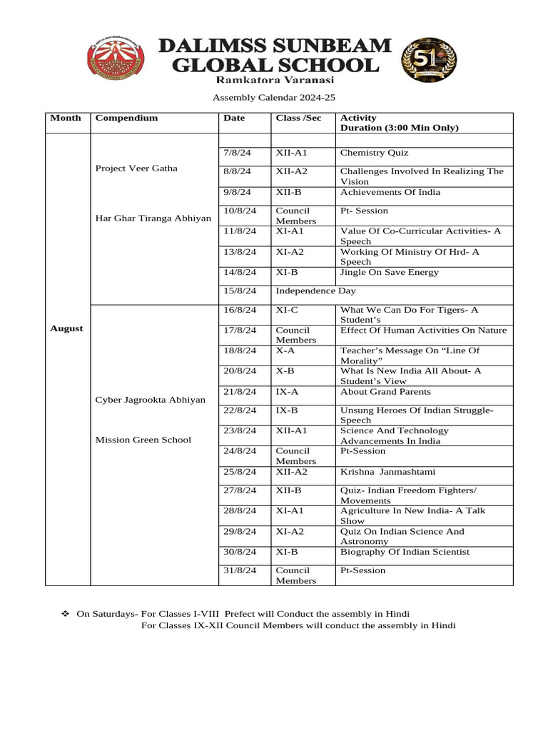 Assembly Calendar - August 2024 | PDF | Science