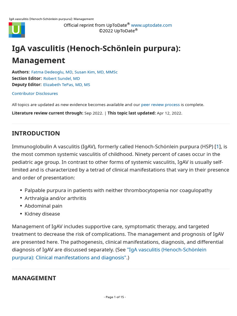IgA Vasculitis (Henoch-Schönlein Purpura) Management | PDF ...