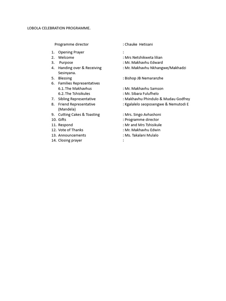 Lobola Celebration Programme | PDF | Religion & Spirituality