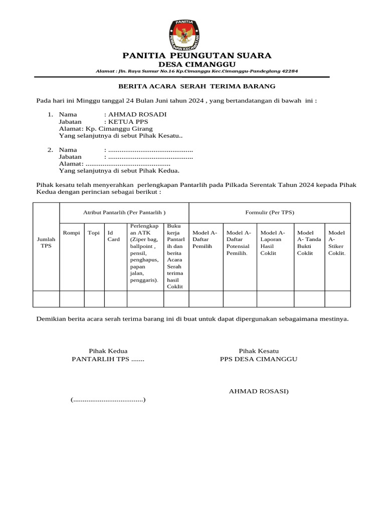 Berita Acara Serah Terima Pantarlih 2024 | PDF | Game & Aktivitas