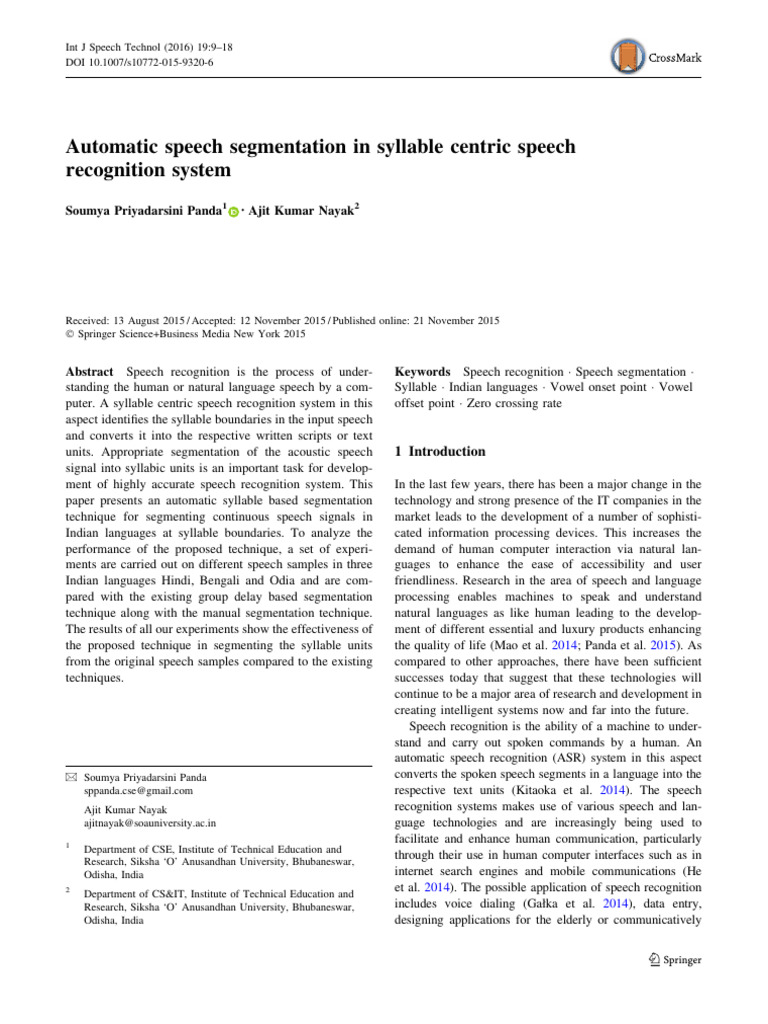 Automatic Speech Segmentation in Syllable Centric Speech Recognition System | PDF | Syllable ...