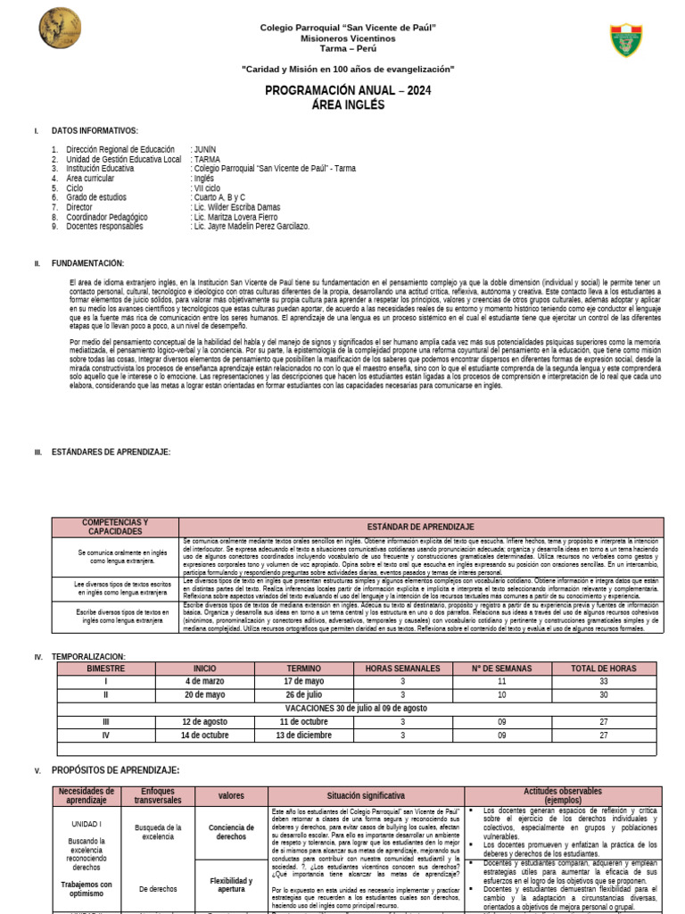 Programacion Anual - Cuarto Secundaria | PDF | Aprendizaje | Idioma en Inglés