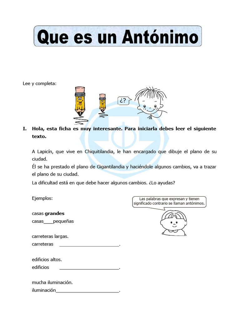 Ficha Que Es Un Antonimo para Cuarto de Primaria | PDF | Libros para ...