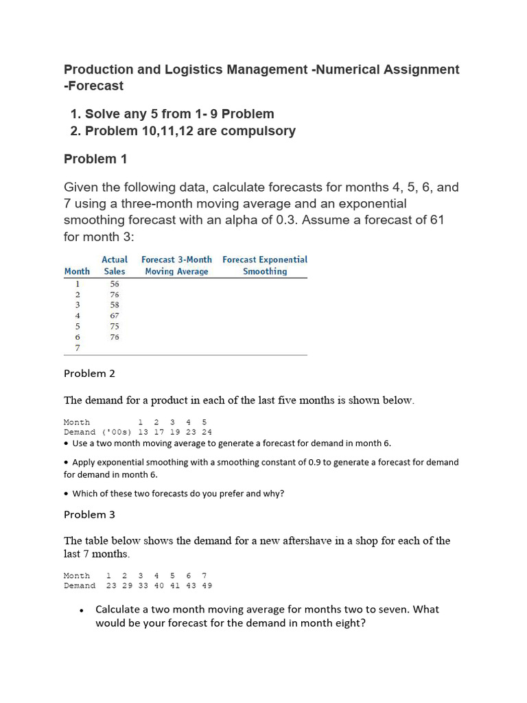 ASSIGNMENT 2 Production and Logistics Management - Forecasting Numerical Assignment | PDF ...