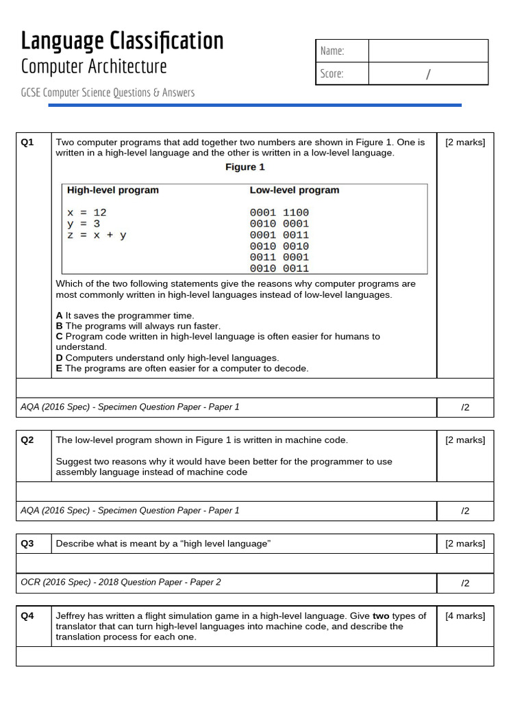 Computer Architecture - Language Classification - Answers | PDF | Assembly Language | Computer ...