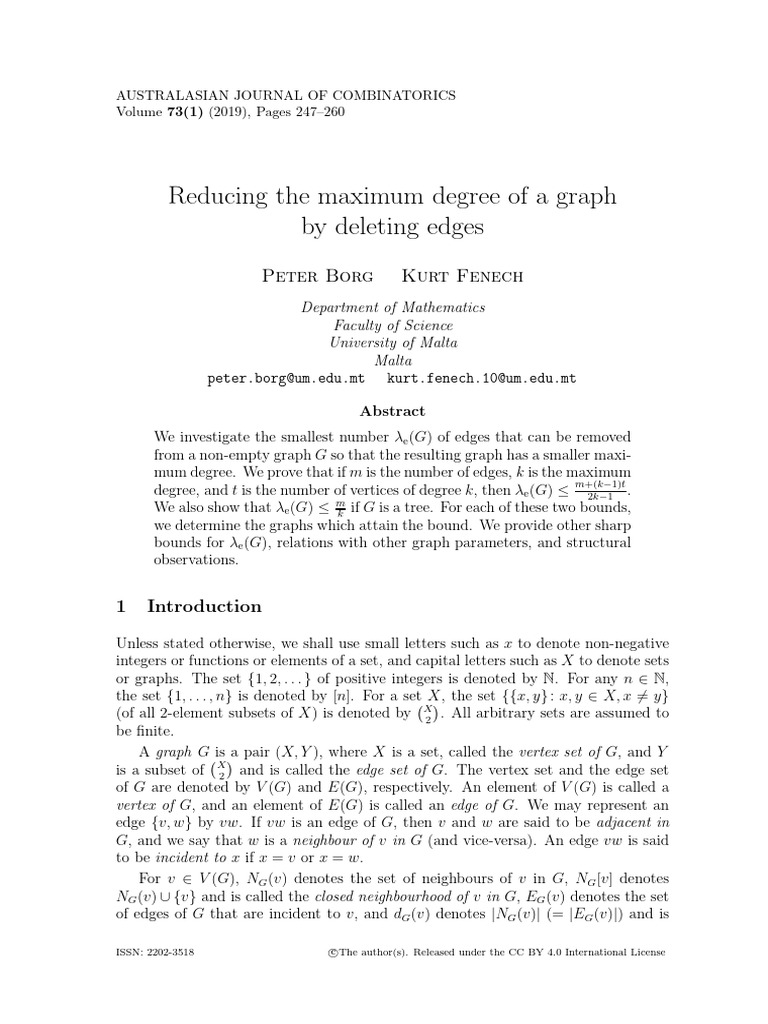 Reducing The Maximum Degree of A Graph by Deleting Edges: Peter Borg ...