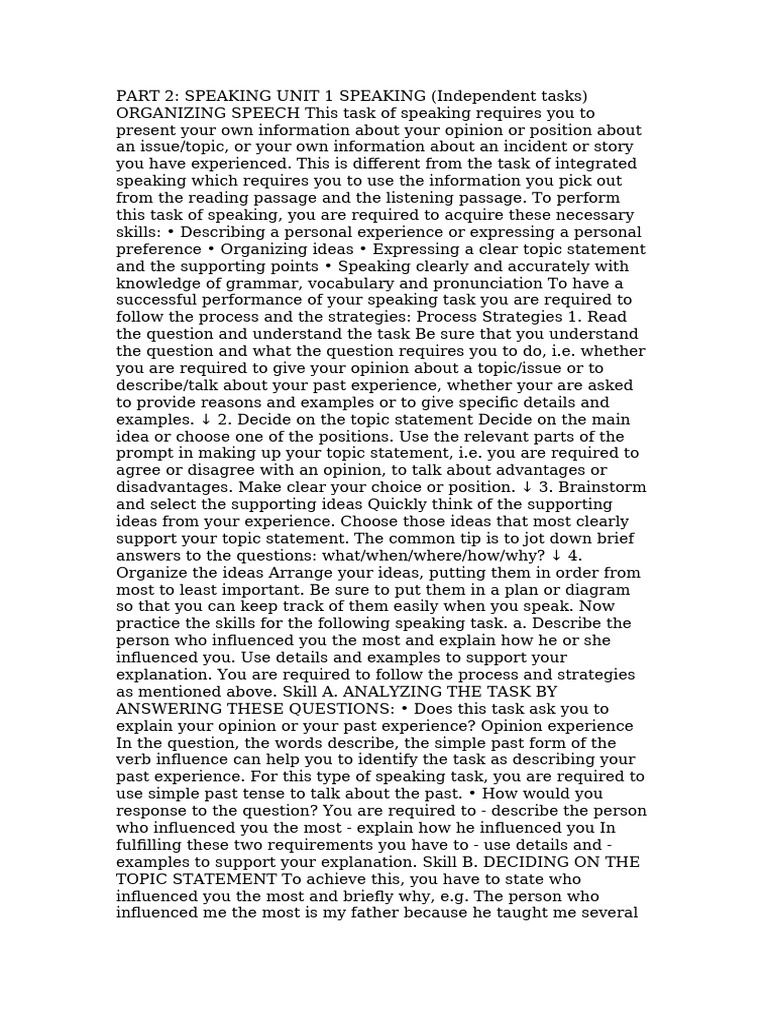P2 - Unit 1 Speaking (Independent Tasks) Organizing Speech | PDF | Experience | Question