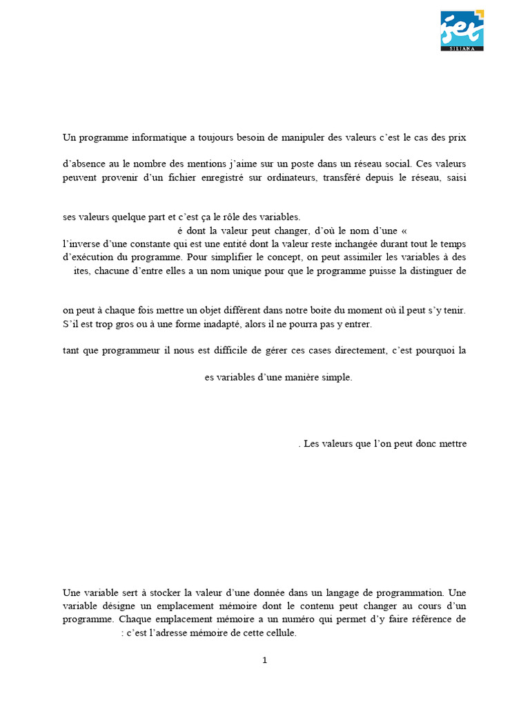 Chapitre 2 | PDF | Variable (informatique) | Booléen