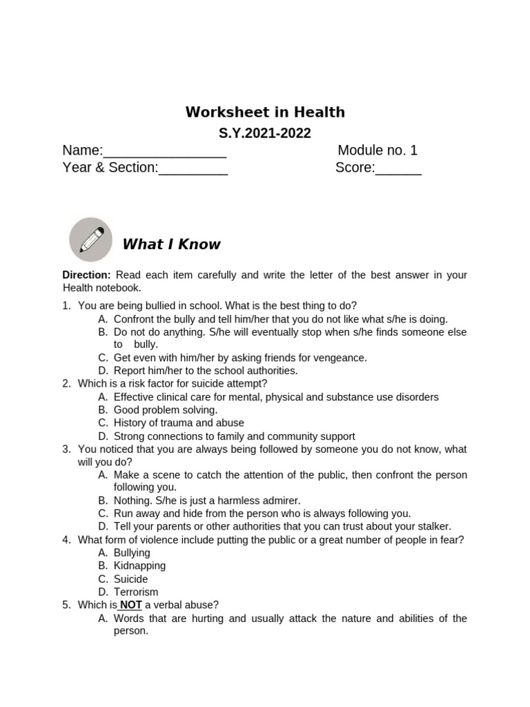 GRADE 9 Worksheet in Health. MODULE 1 | PDF | Bullying | Violence