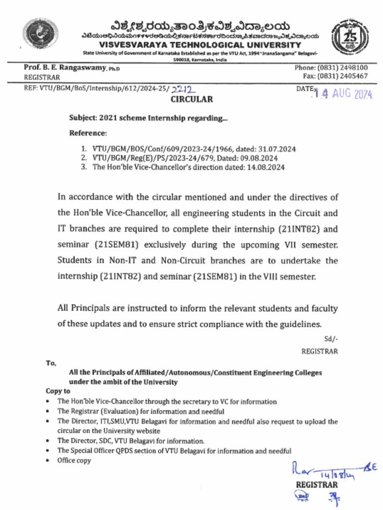 Circular (2212) - 2021 Scheme Internship (21INT82) & Seminar (21SEM81) Guidelines | PDF