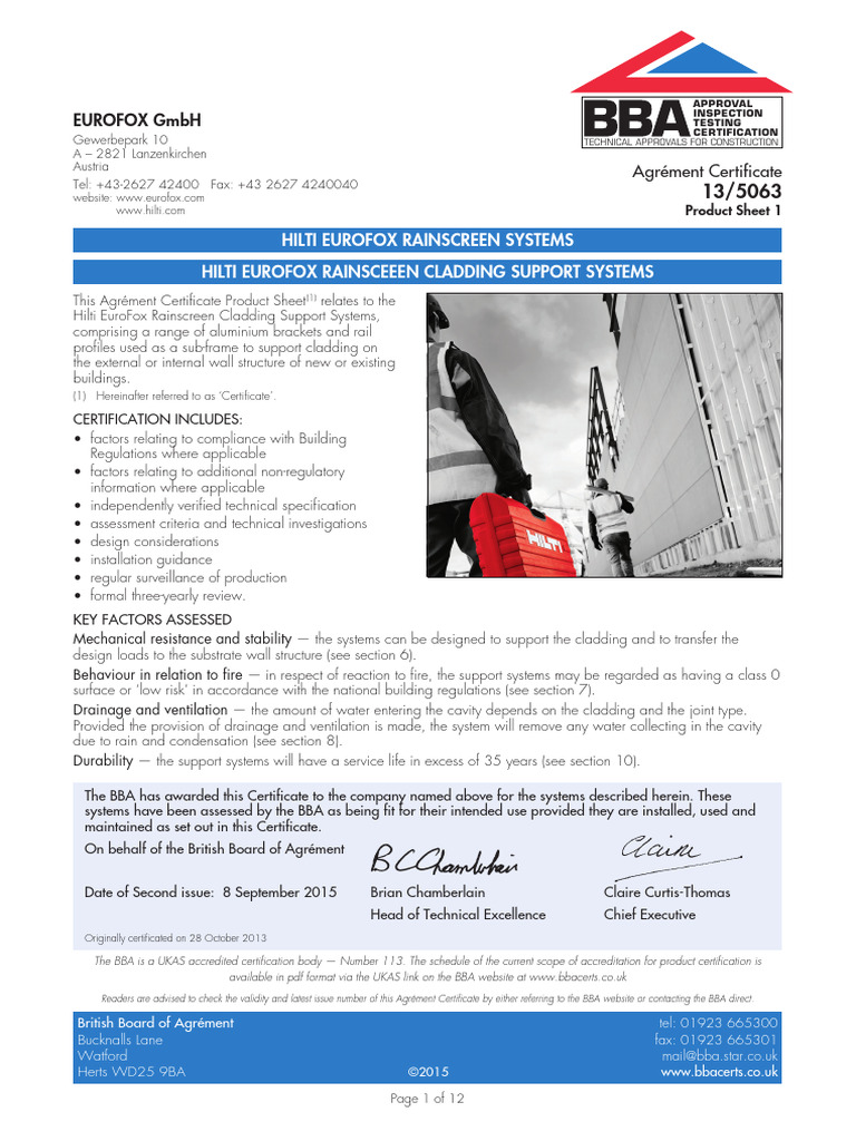 Hilti EuroFox Rainscreen Systems Certification | PDF | Wall | Screw