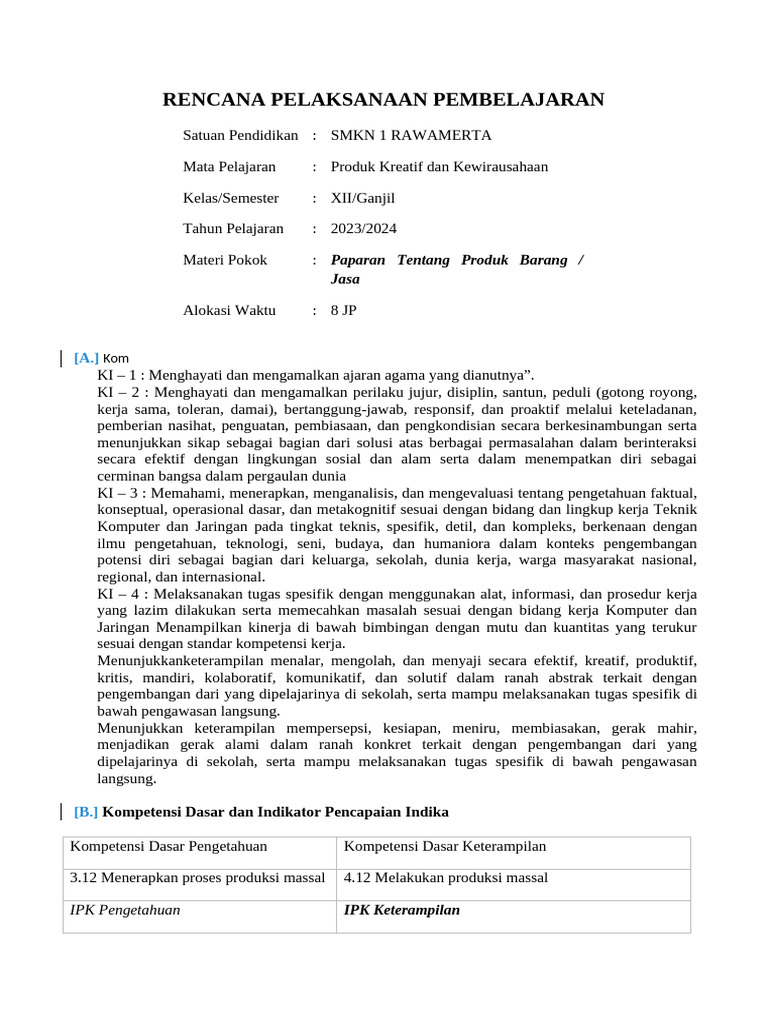 RPP Produk Kreatif Dan Kewirausahaan Kelas XII Semester 1 | PDF ...