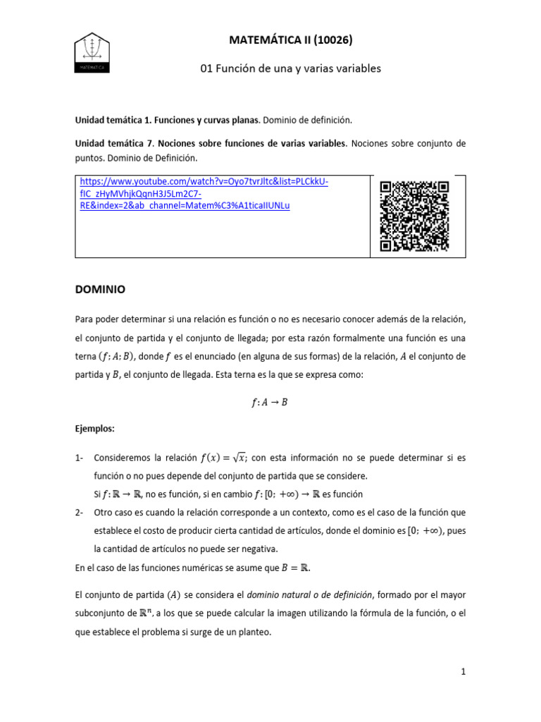 01 Funcion de Una y Varias Variables DOMINIO QR | PDF | Función (Matemáticas) | Variable ...