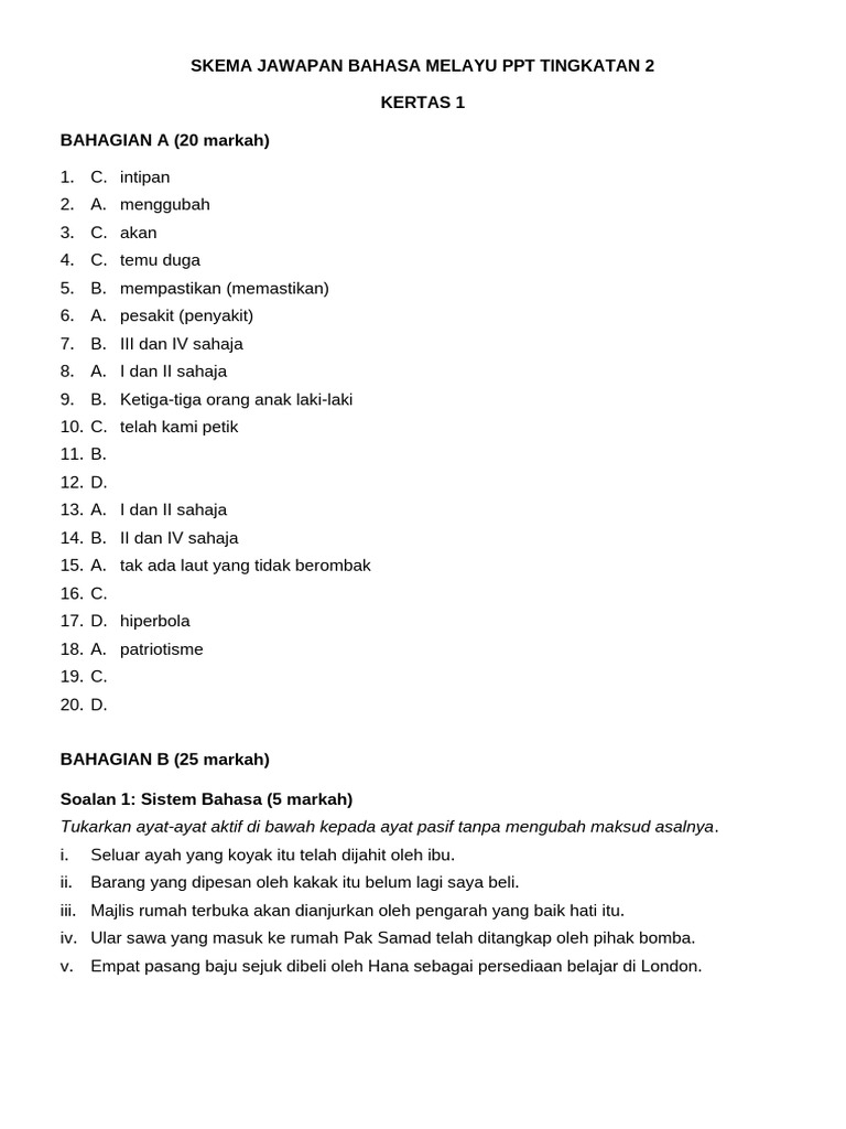 Skema Jawapan Bahasa Melayu PPT Tingkatan 2 2020 | PDF