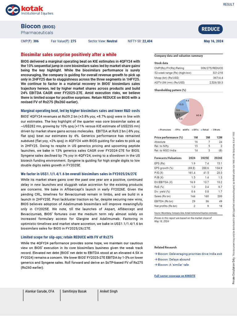 1 Biocon 16may24 Kotak Inst | PDF | Generic Drug | Financial Accounting