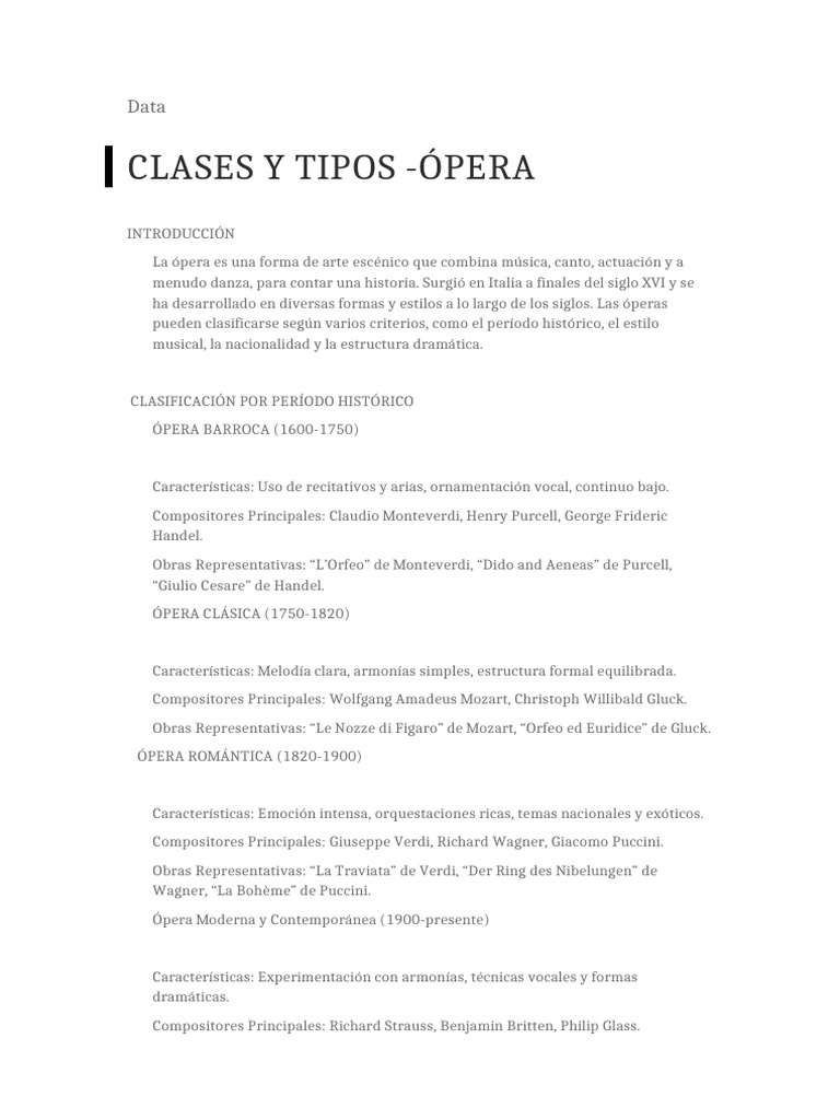 Tipos y Clases de Ópera Explicados | PDF | Ópera | Música vocal
