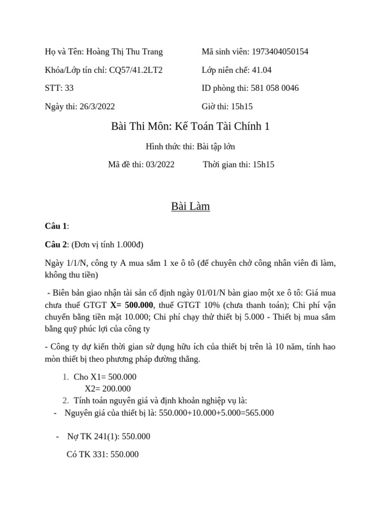 Bài Thi KTTC 1 1 | PDF