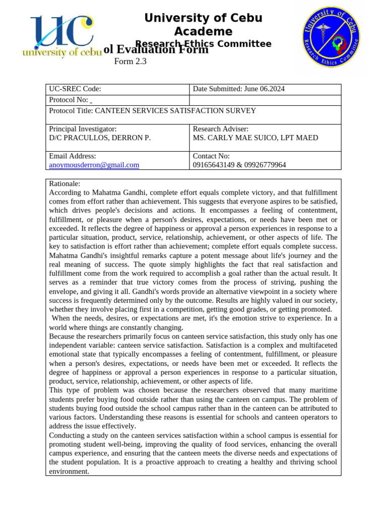 Form 2.3 Protocol Evaluation Form 1 2024 Version | PDF | Contentment ...
