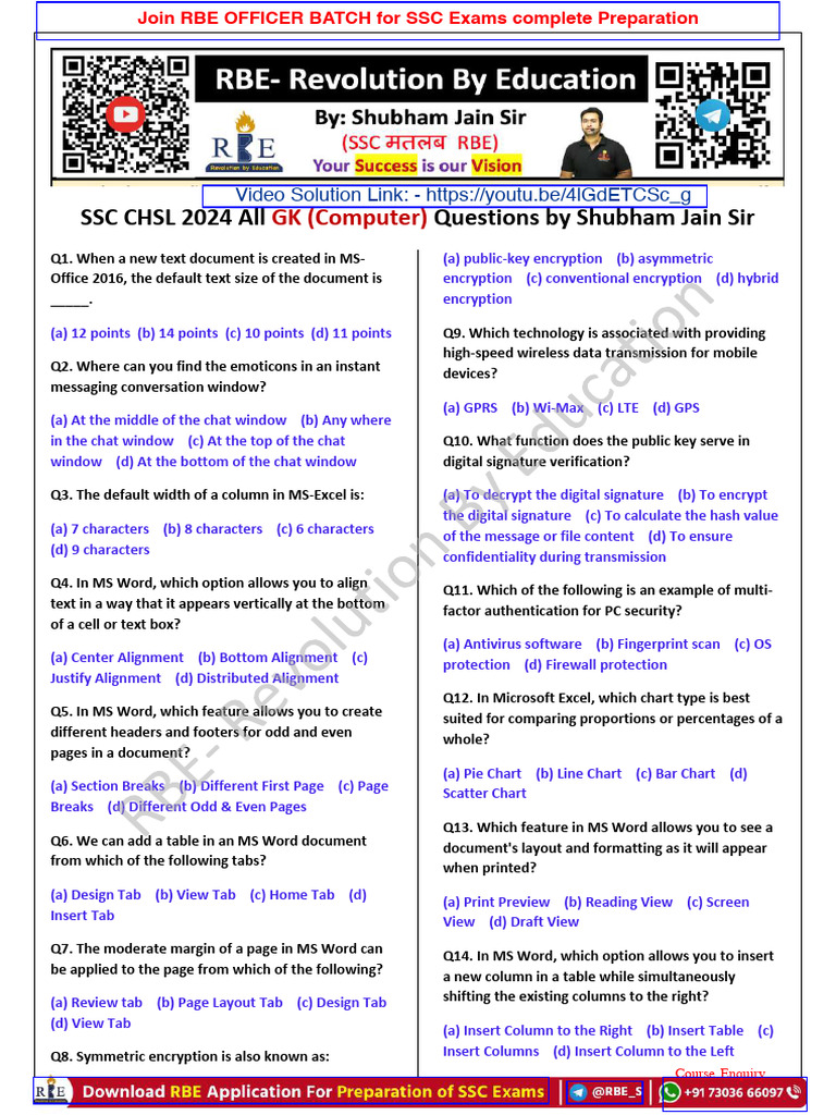 Computer (Eng) SSC CHSL 2024 All 70 Questions (RBE) | PDF | Microsoft Word | Microsoft Excel