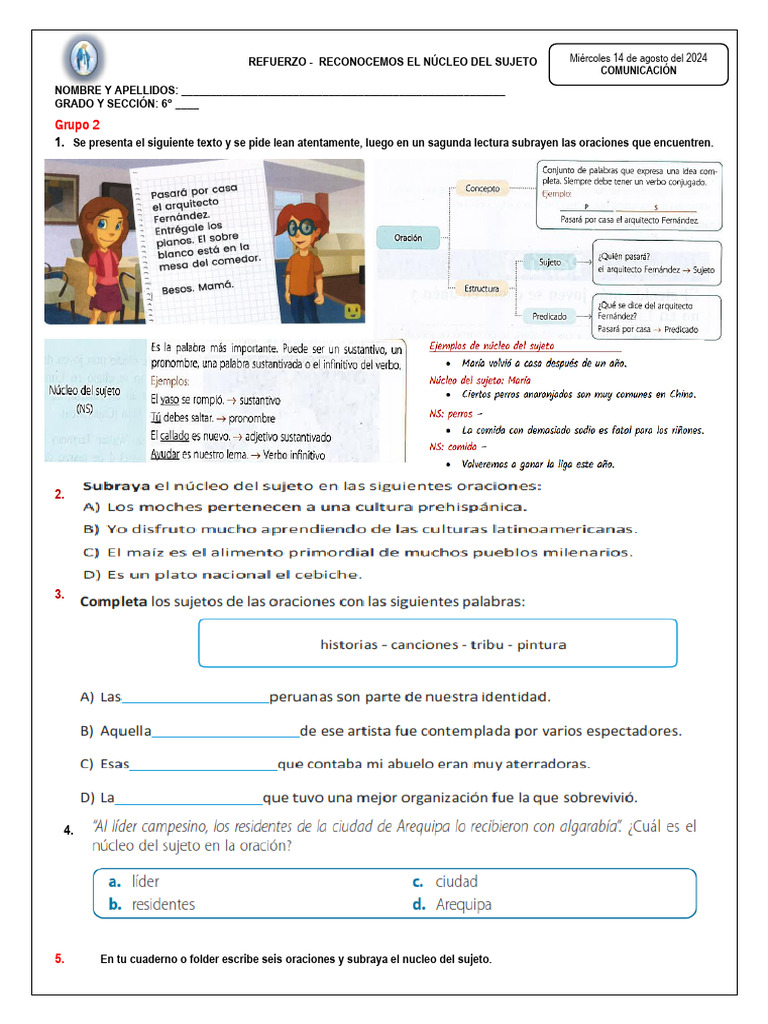 TAREA COMU REFOR grupo 2- 6TOB avanzdoReconocemos el nucleo del sujeto | PDF